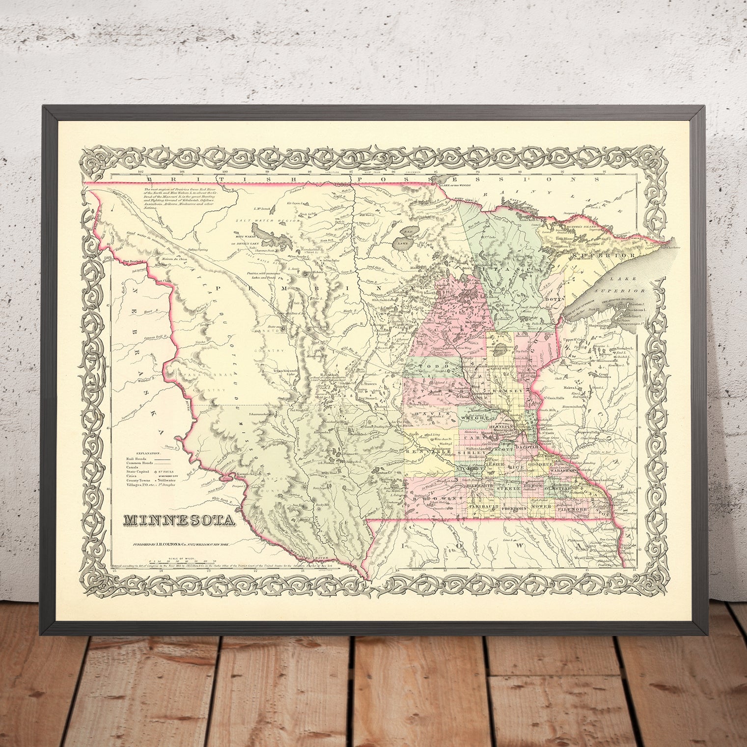 Old Map of Minnesota by J. H. Colton, 1856: St. Paul, St. Anthony, Sti ...