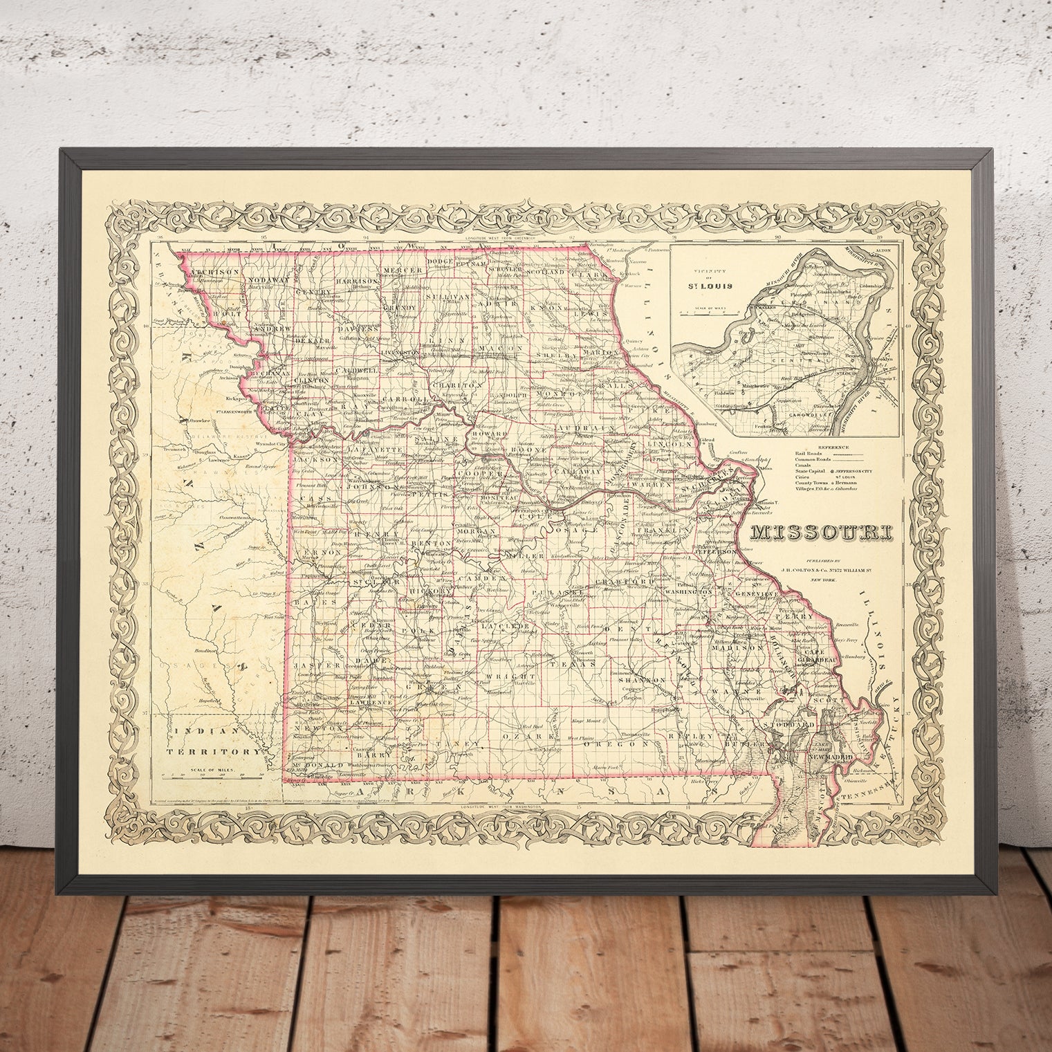 Mapa antiguo de Missouri por JH Colton, 1860: St. Louis, Kansas City ...