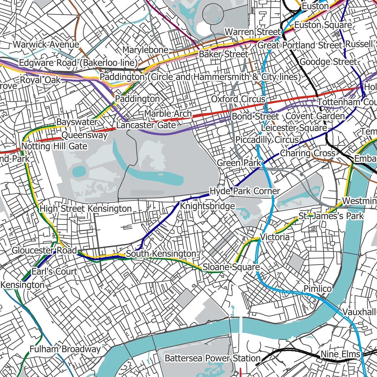 Modern London Map with Real Underground Tube & Overground Train Routes ...