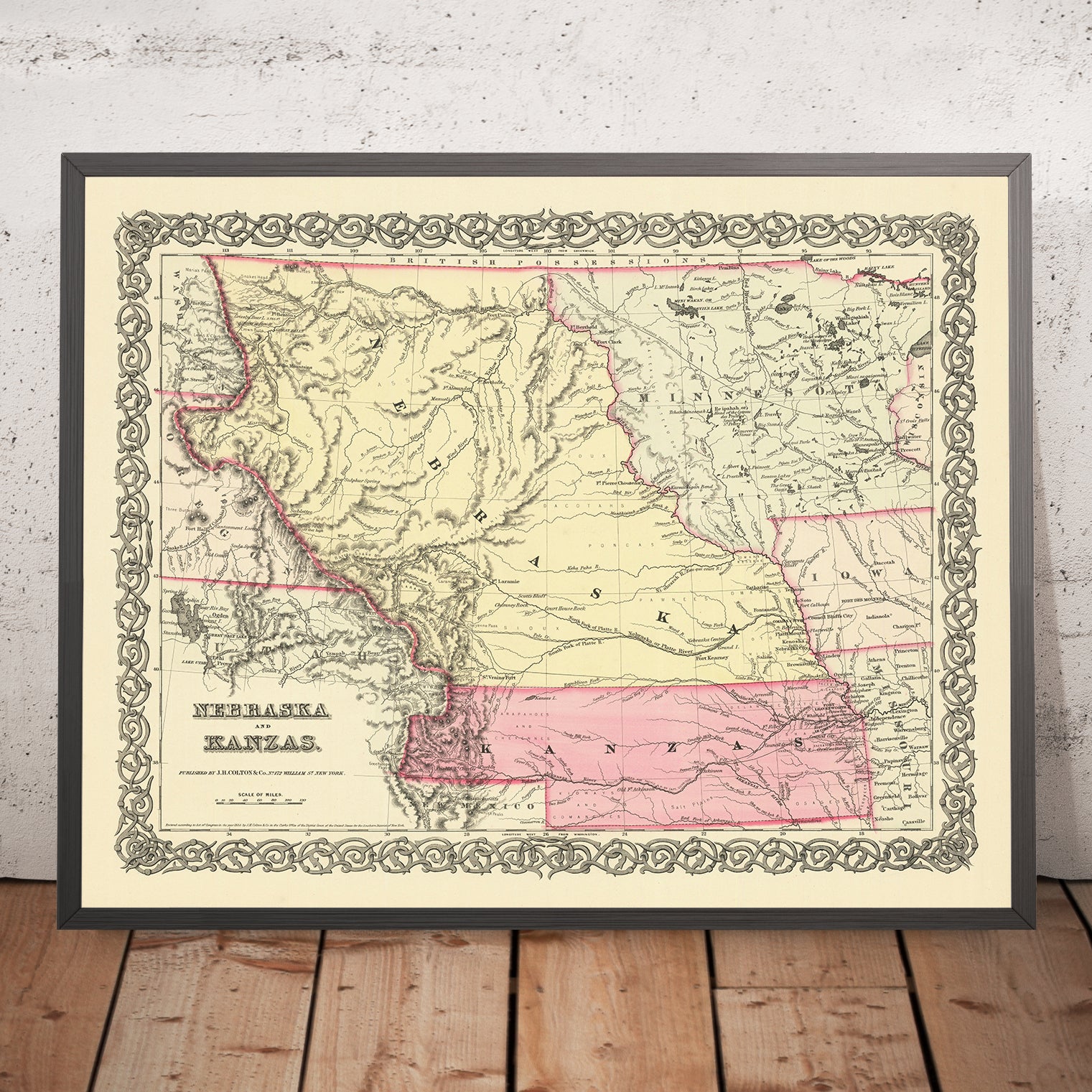 Old Map of Nebraska & Kansas by Colton, 1856: Omaha, Bellevue, Nebrask ...