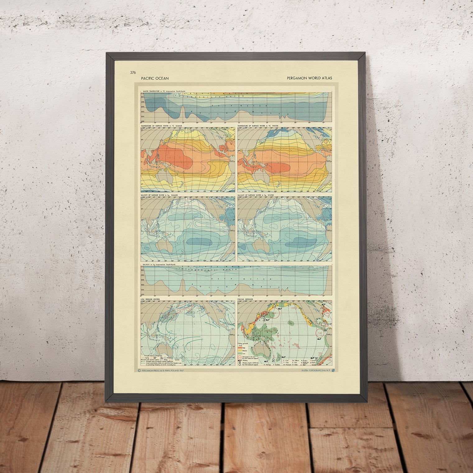 Old Infographic Map of the Pacific Ocean, 1967: Temperature, Salinity ...
