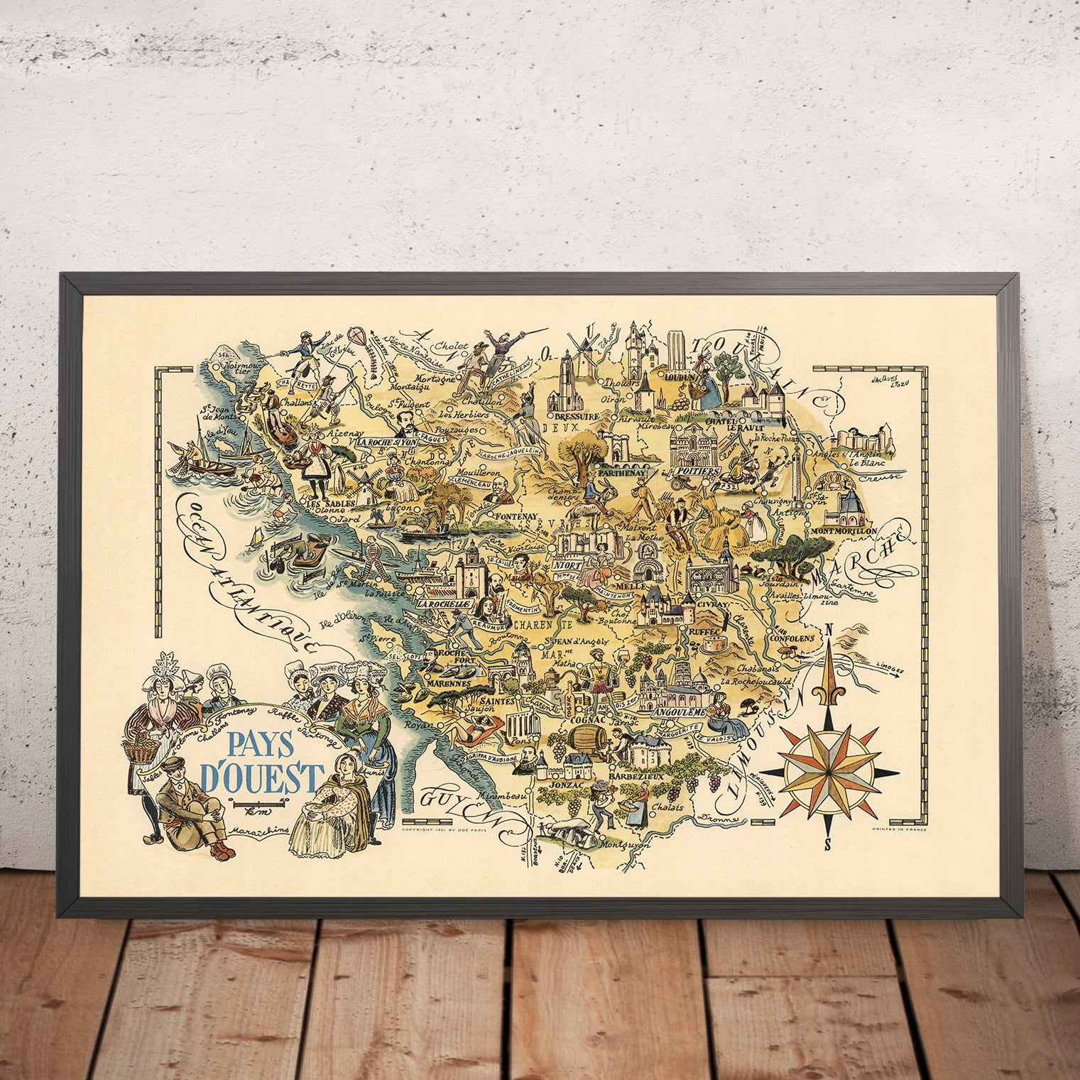 Old Pictorial Map of Poitou-Charentes by Liozu, 1951: La Rochelle, Poi ...