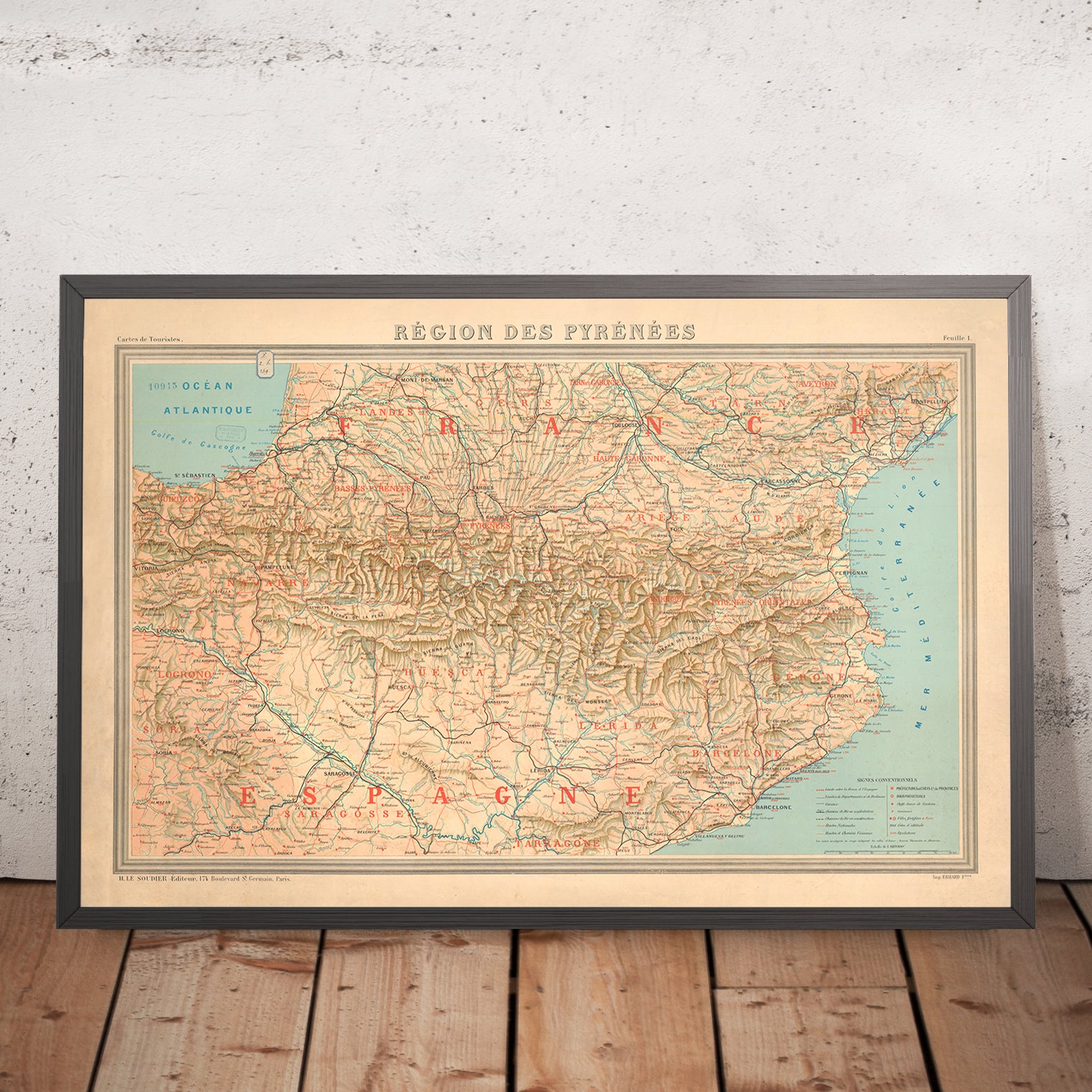 Old Map of the Pyrenees Mountains, 1920: Southern France and Northern ...