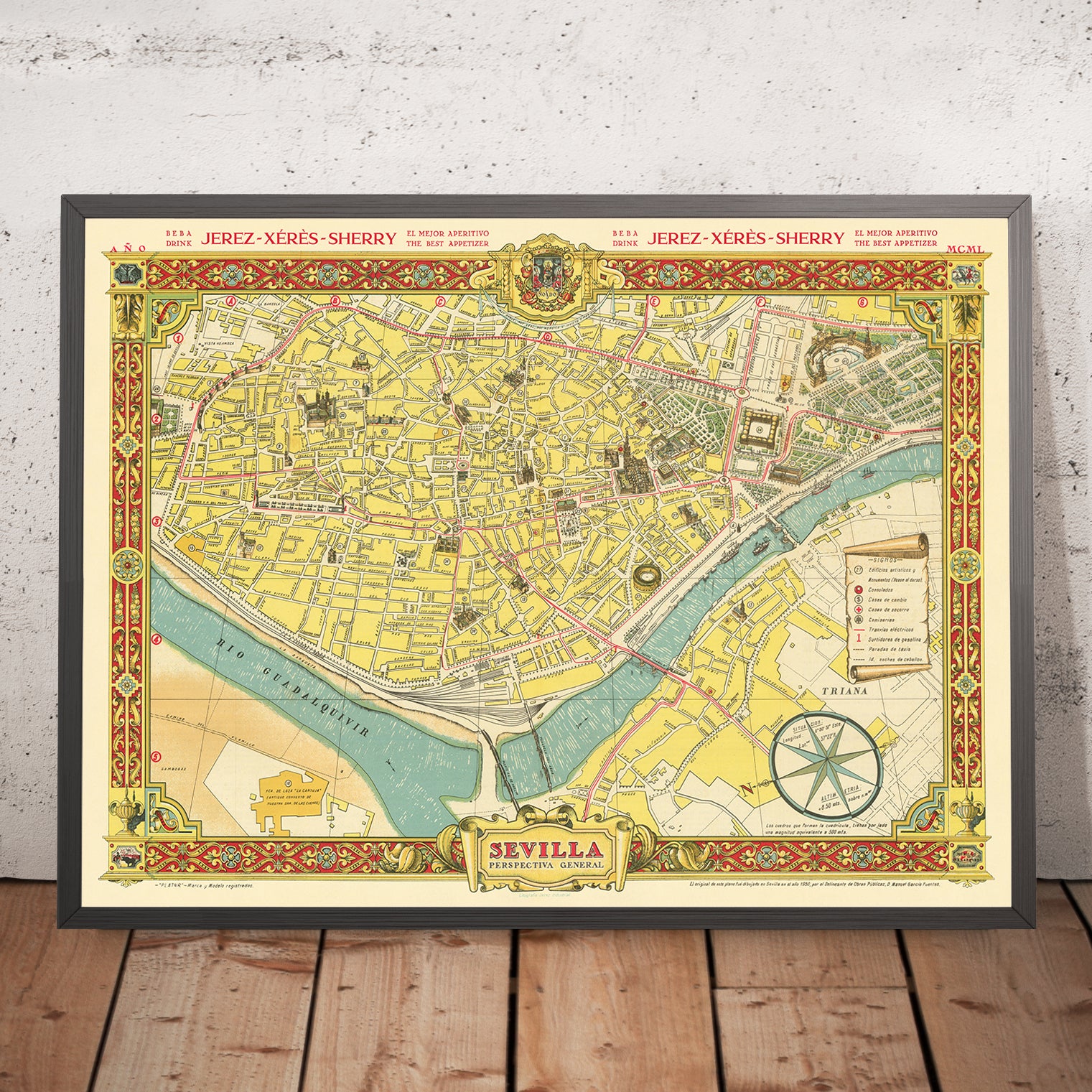 Old Pictorial Map of Seville by Fuentes, 1950: Catedral, Torre del Oro ...