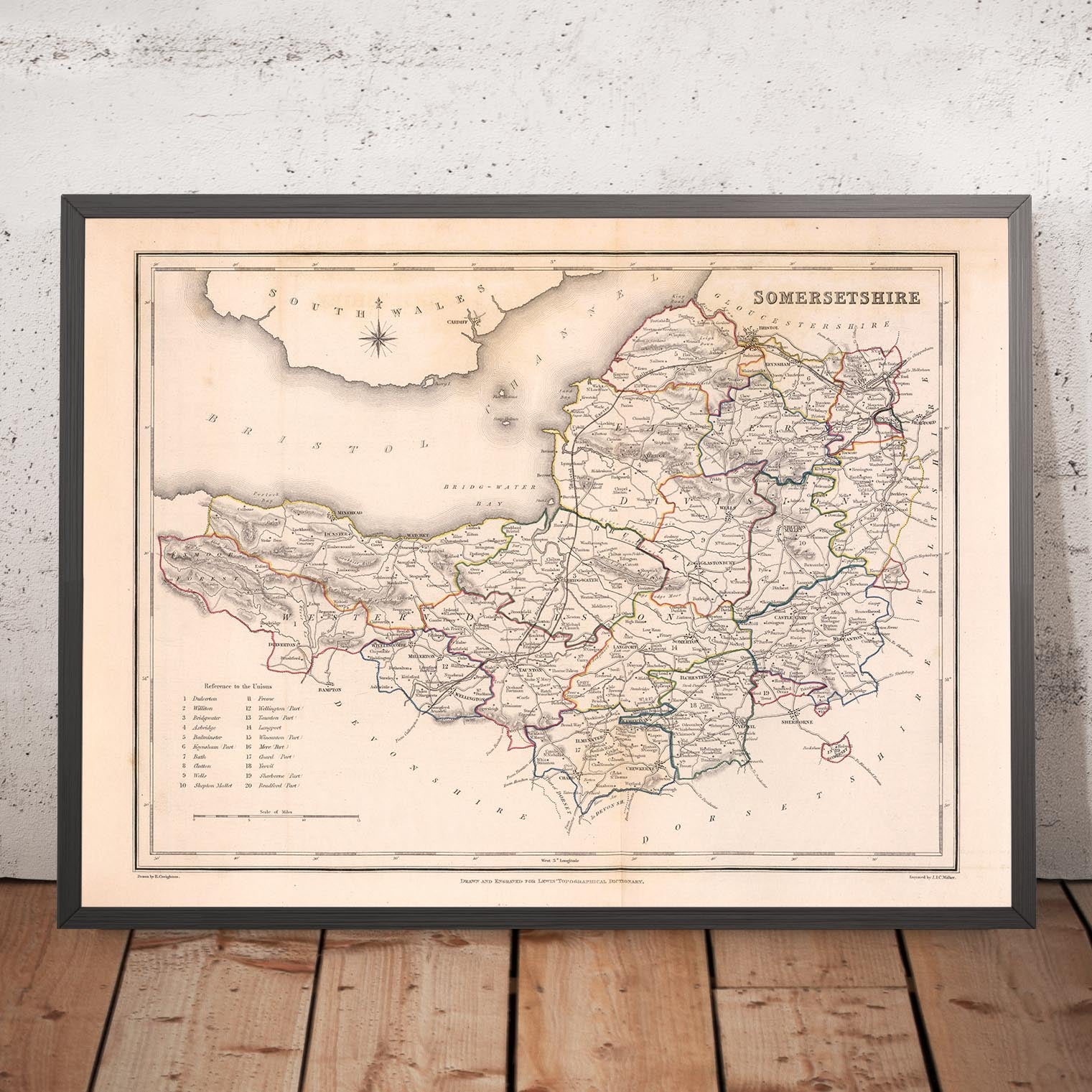 Old Map of Somerset, England by Samuel Lewis, 1844: Bristol, Bath, Wes ...
