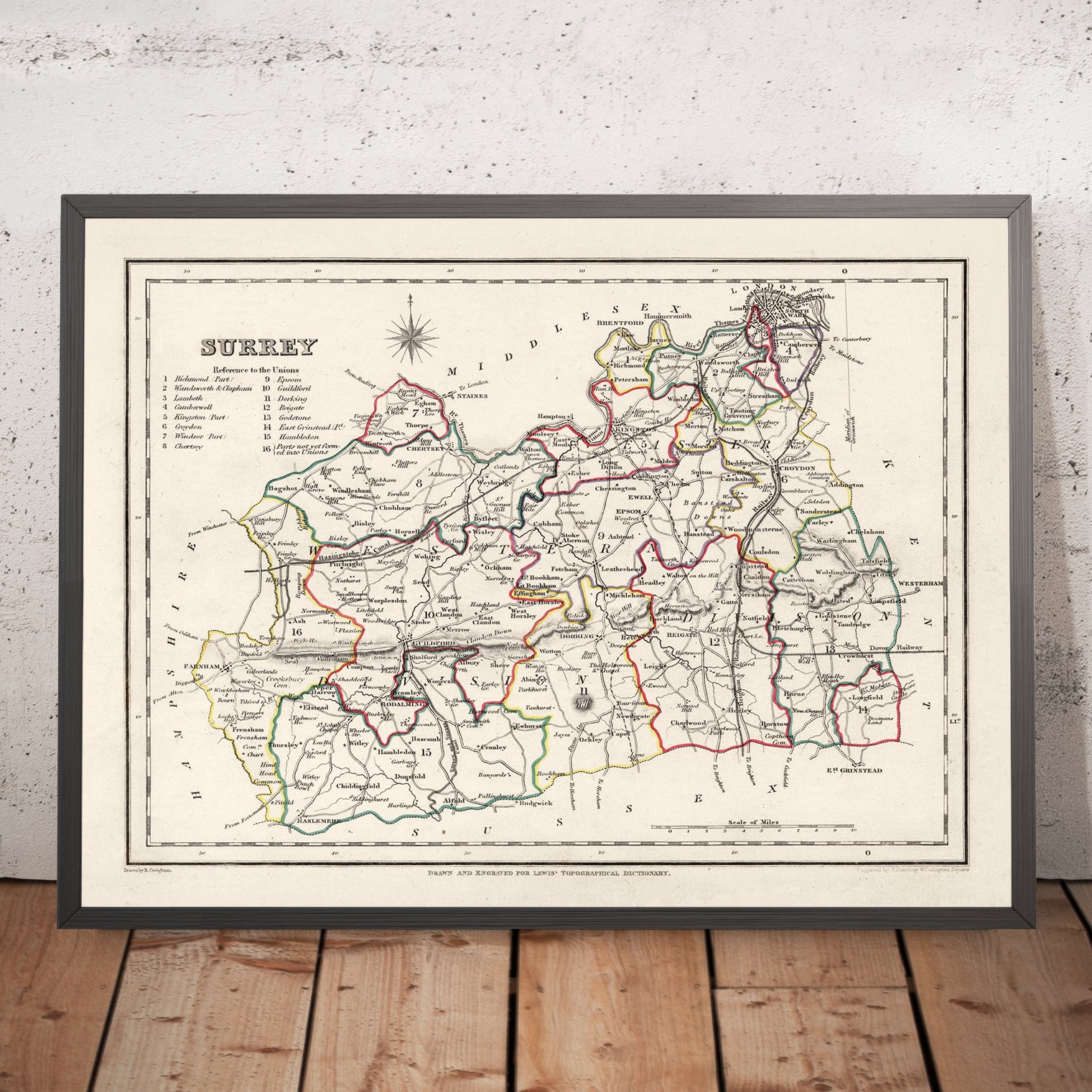 Old Map of Surrey by Samuel Lewis, 1844: London, Guildford, Woking, Ew ...