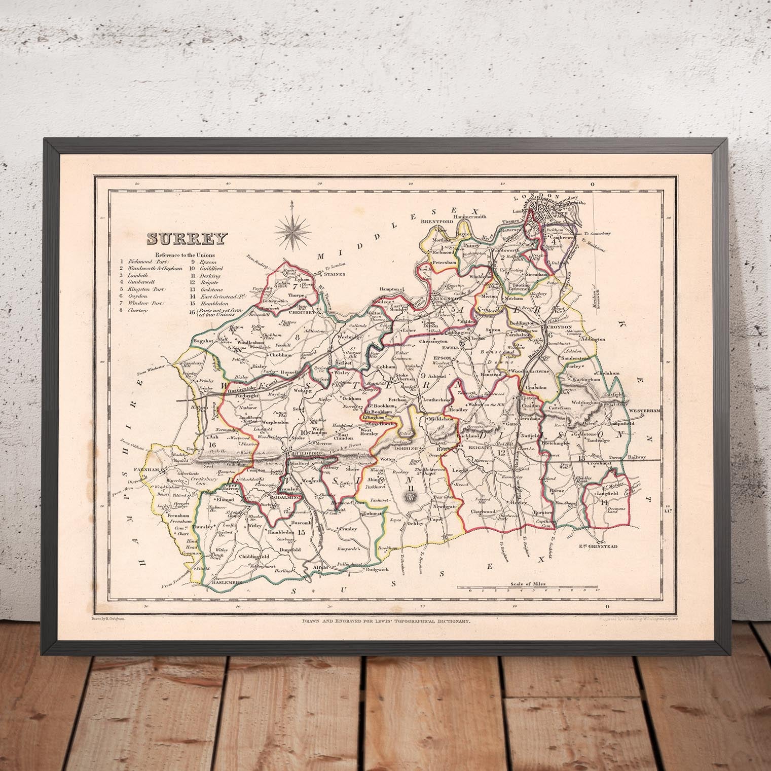 Old Map of Surrey by Samuel Lewis, 1844: London, Guildford, Woking, Ew ...