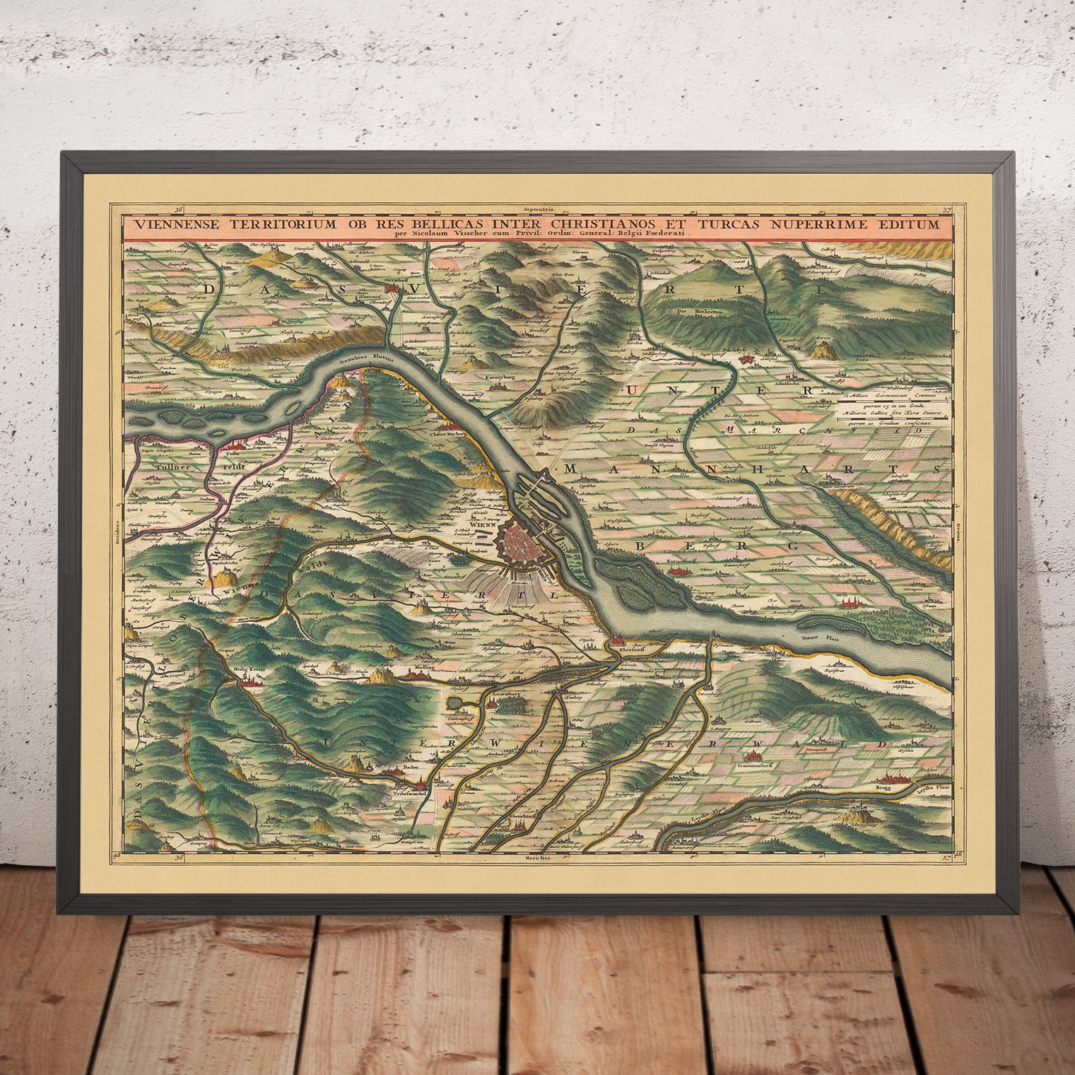 Old Map of Territory around Vienna: Visscher, 1690: Tulln, Schwechat ...