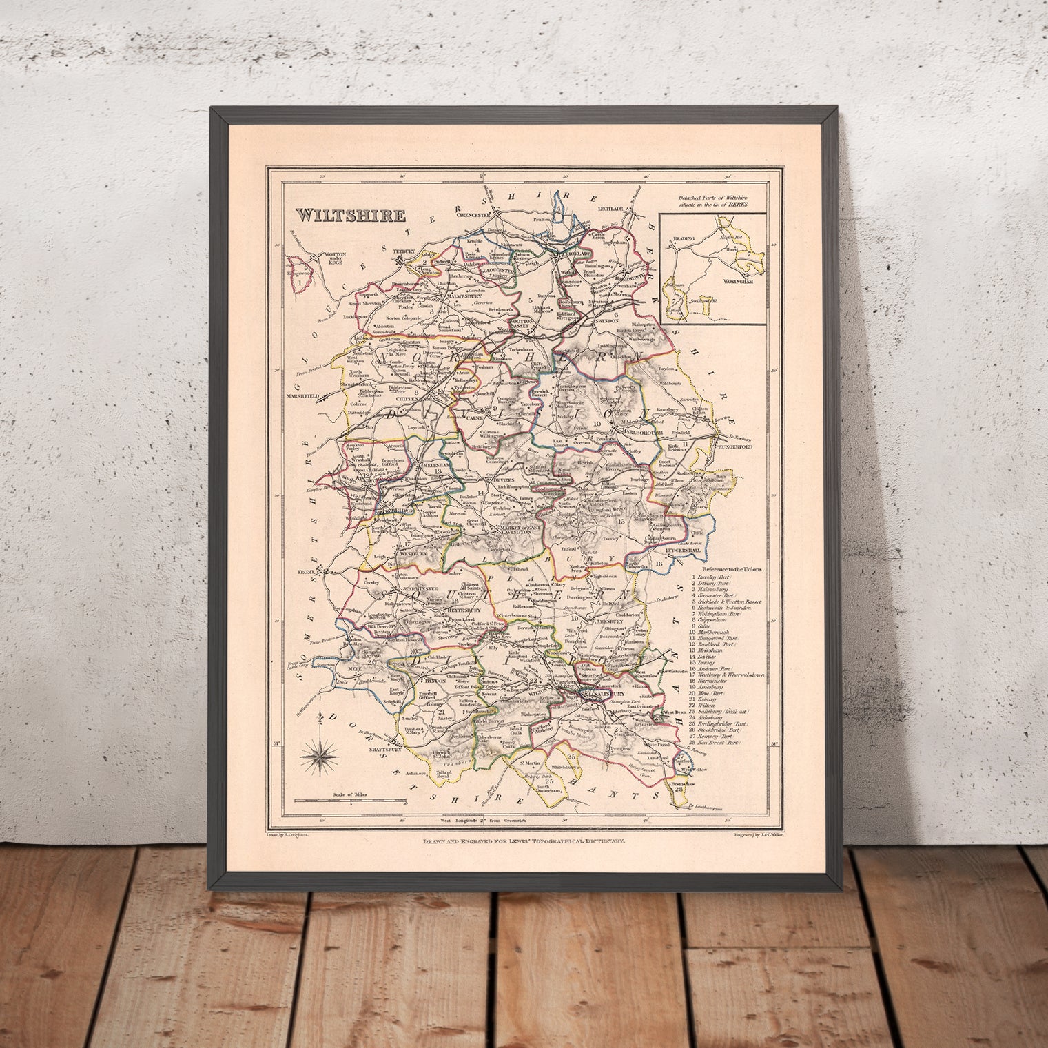 Old Map of Wiltshire by Samuel Lewis, 1844: Salisbury, Devizes, Marlbo ...