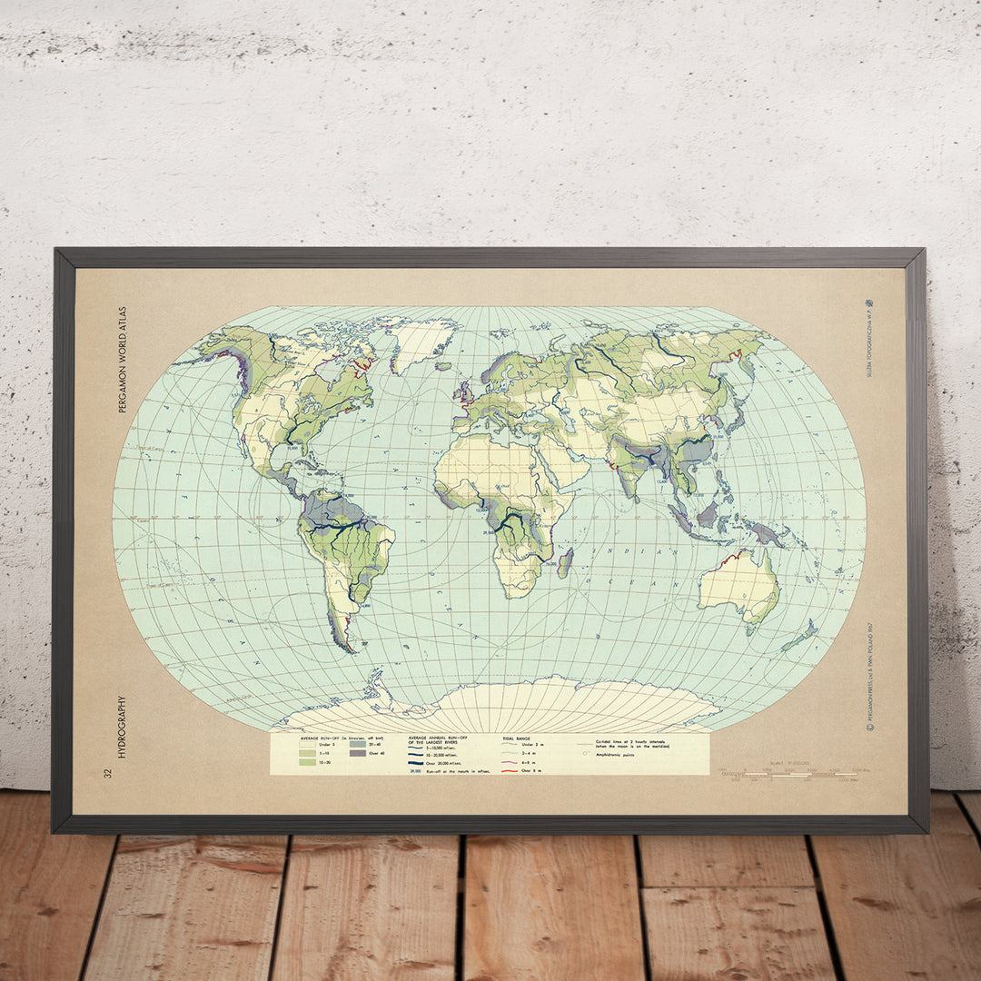 Old Infographic Map of World Hydrography, 1967: Rivers, Lakes, and Oce ...