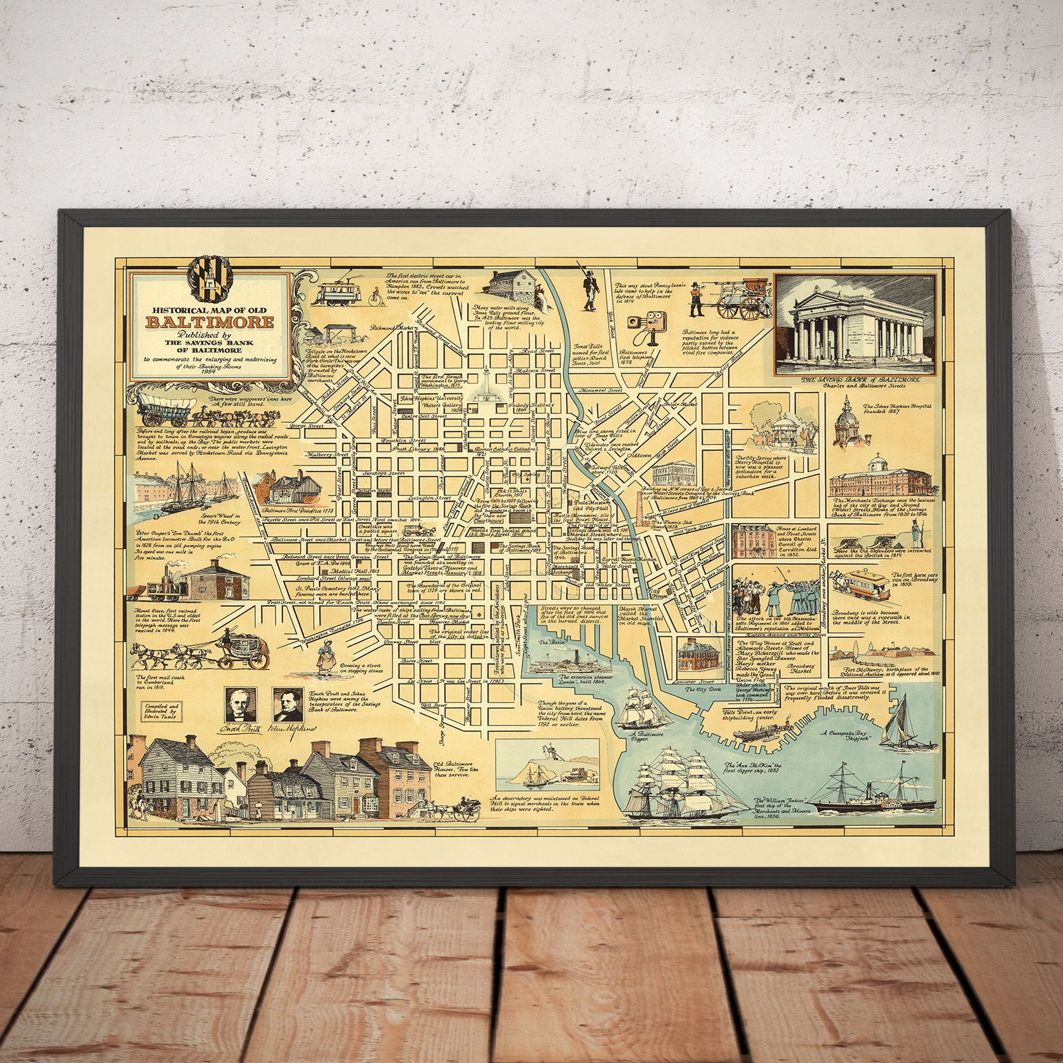 Old Historical Map of Baltimore in 1954 by Edward Tunis - Downtown, Jo ...