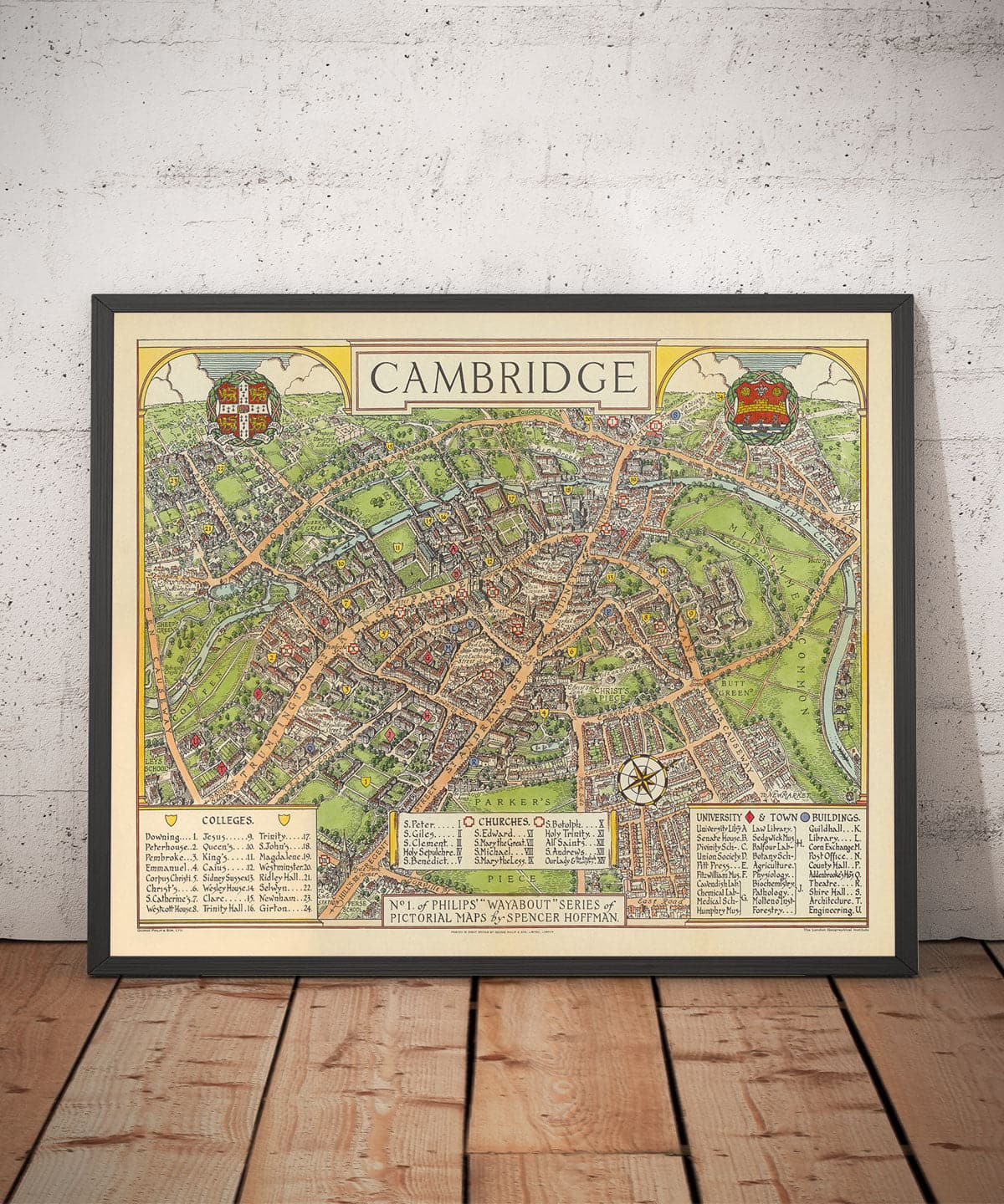 Old Map of Cambridge, 1929 - Trinity, St John's, King's, Peterhouse, J ...
