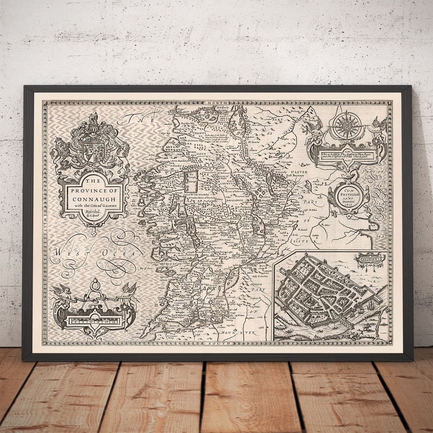 Old Monochrome Map of Connacht, Ireland 1611 by John Speed - Galway, S ...