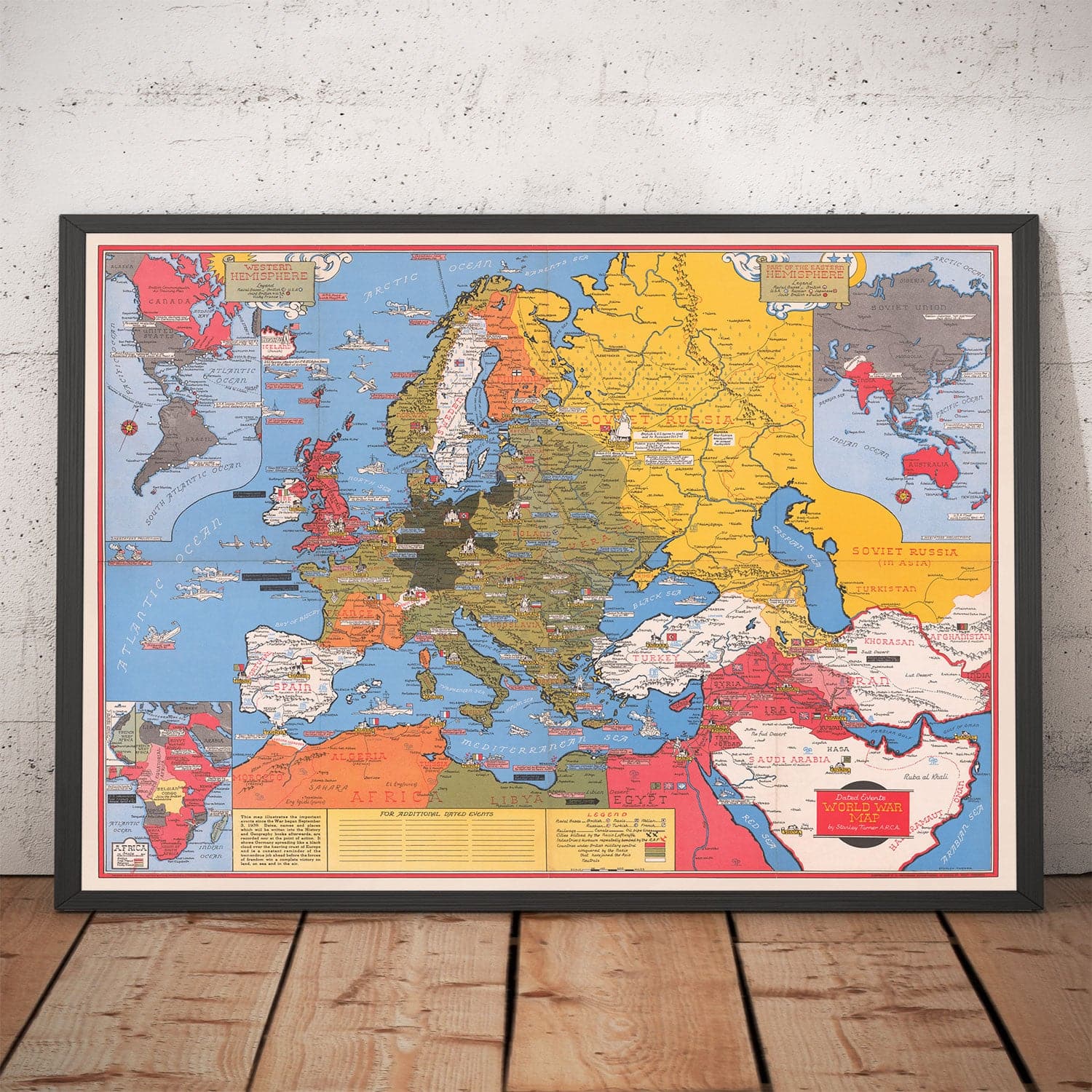 Old World War 2 Map, 1942 by Stanley Turner - "Dated Events" WW2 Histo ...