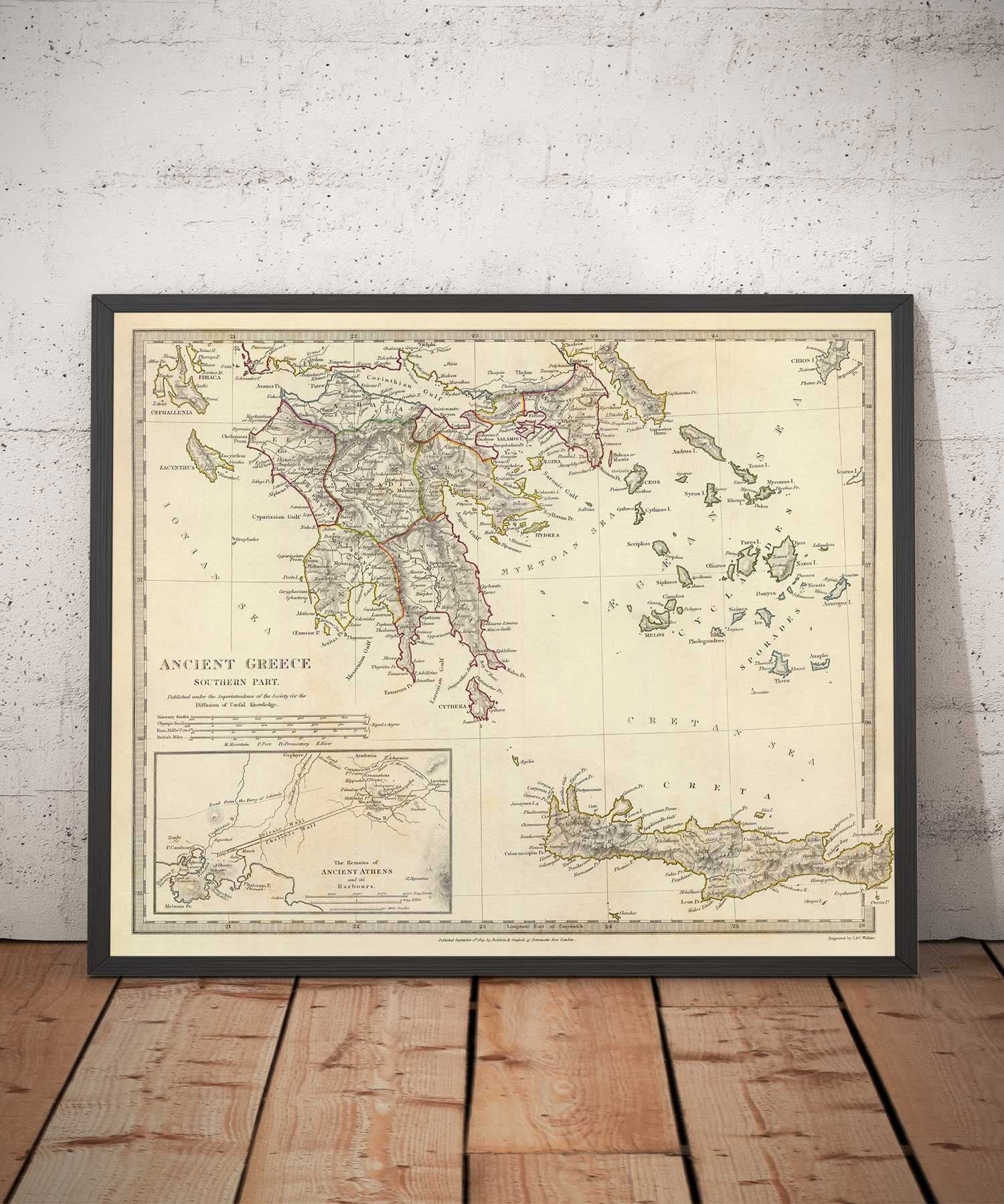 Old Map of Ancient Greece, 1829, by SDUK - Crete, Aegean, Athens, Arca ...