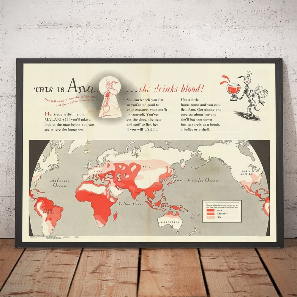 Old World Map by Dr. Seuss, 1943 - US Army Malaria Wall Chart from Wor ...
