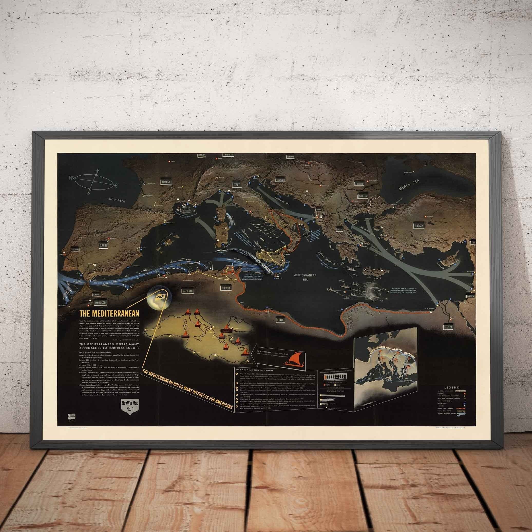 Old World War 2 Map: Mediterranean, 1944 - NavWarMap No.1 - South Euro ...