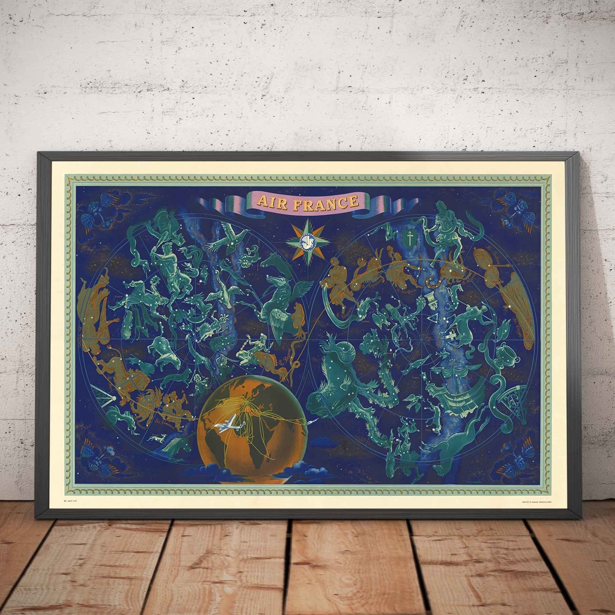 Old Air France Celestial & Zodiac World Map, 1959 by Bucher - Historic ...