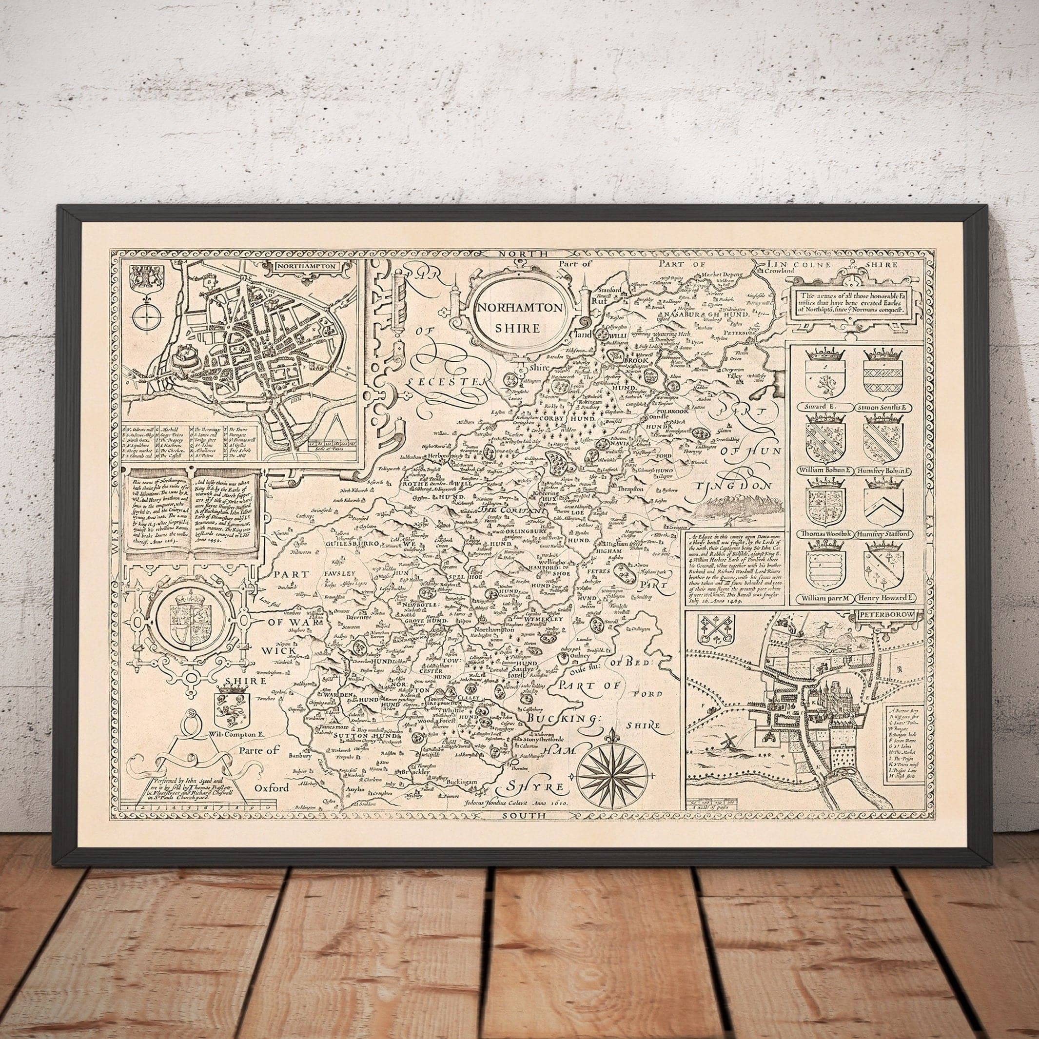 Old Monochrome Map of Northamptonshire, 1611 by John Speed - Northampt ...