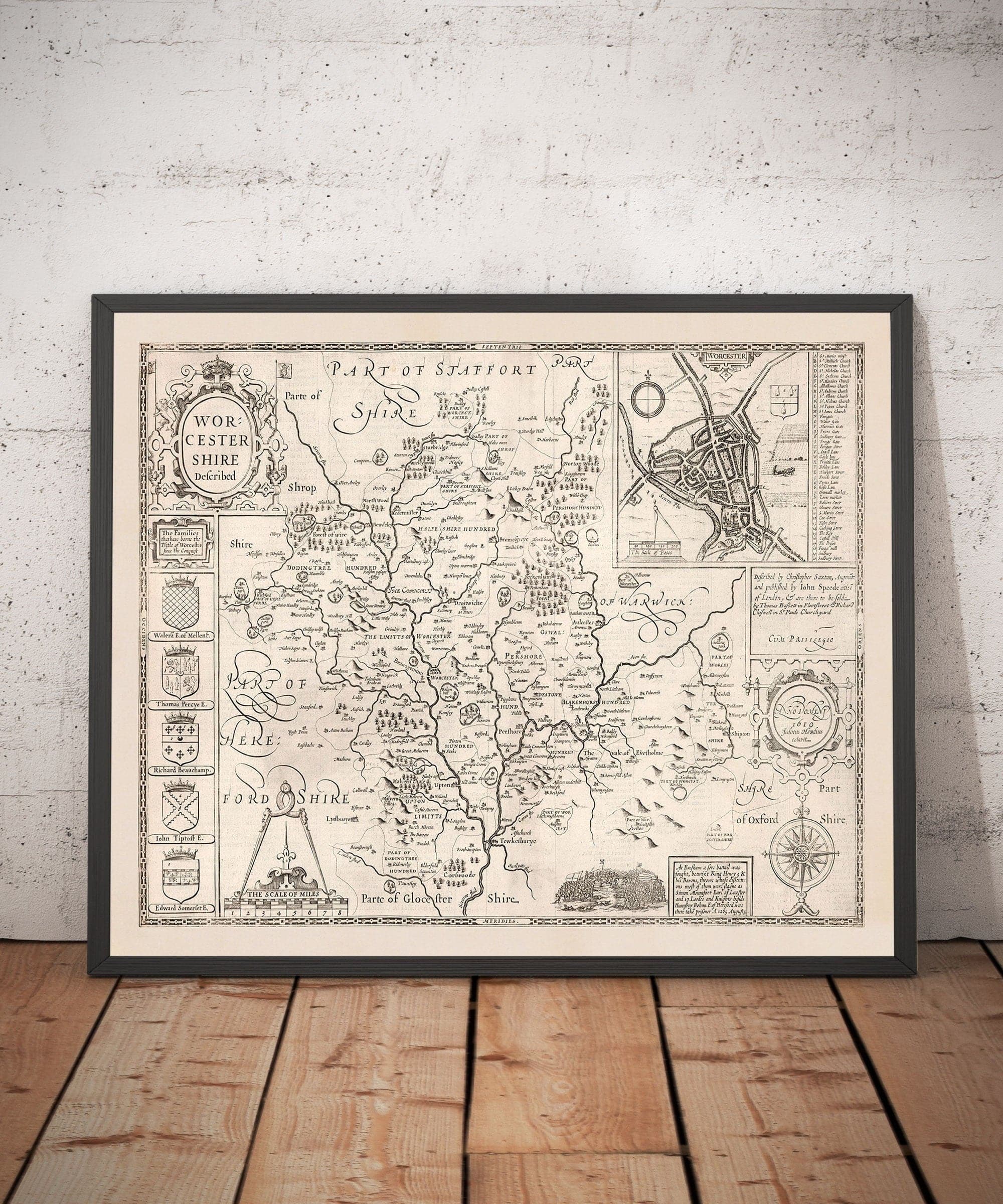 Old Monochrome Map of Worcestershire, 1611 by John Speed - Worcester ...