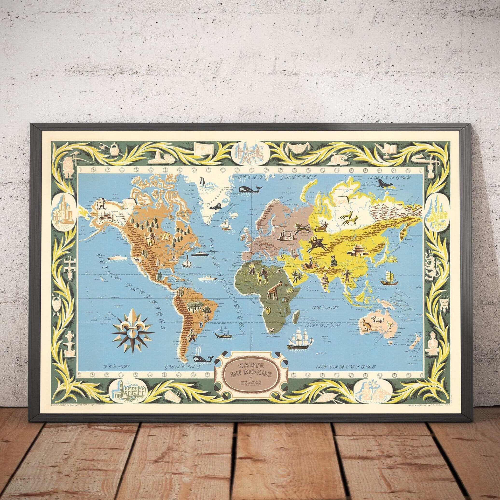 Old French World Map, 1956 - Carte du Monde Atlas by Blondel La Rouger ...