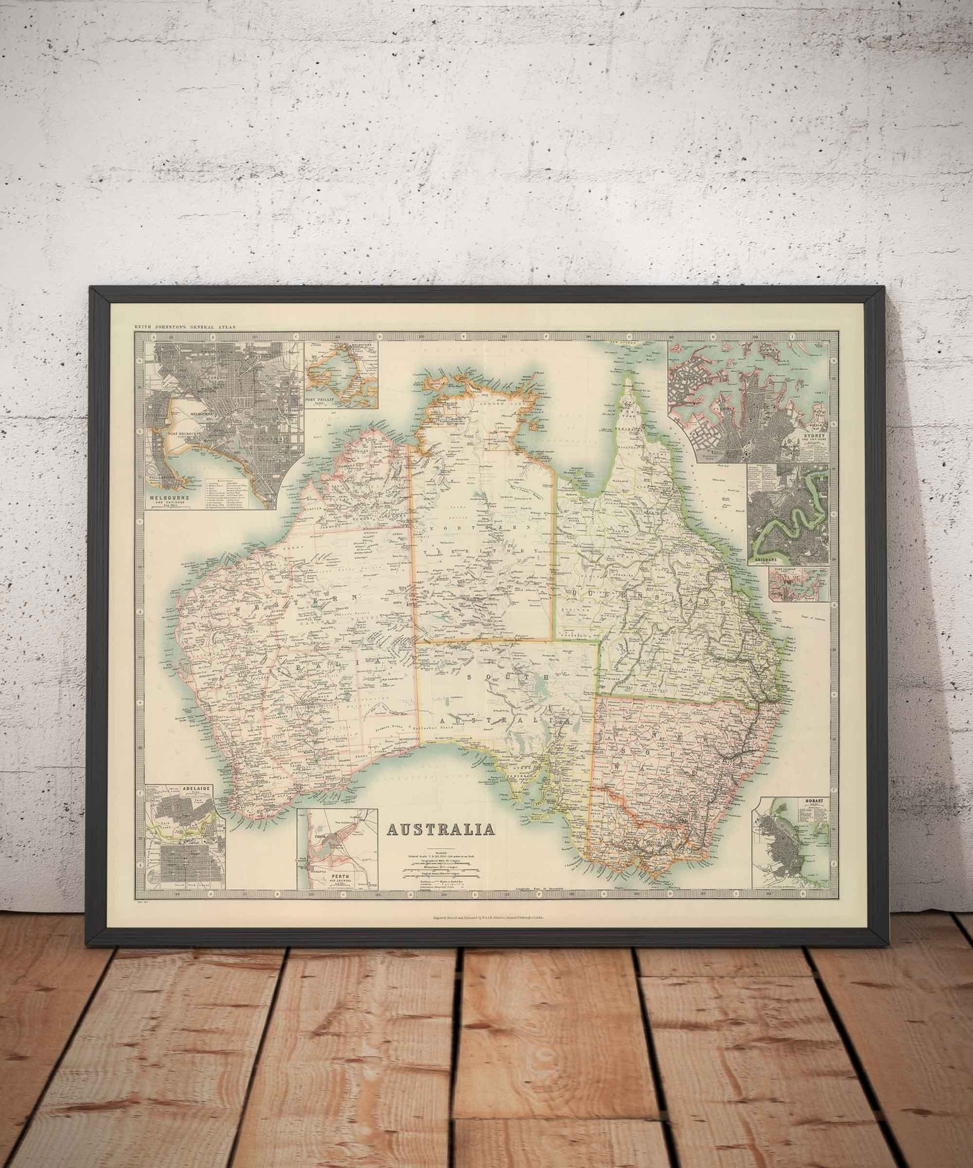Old Map of Australia, 1911 by Johnston - NSW, Sydney, Queensland, Bris ...
