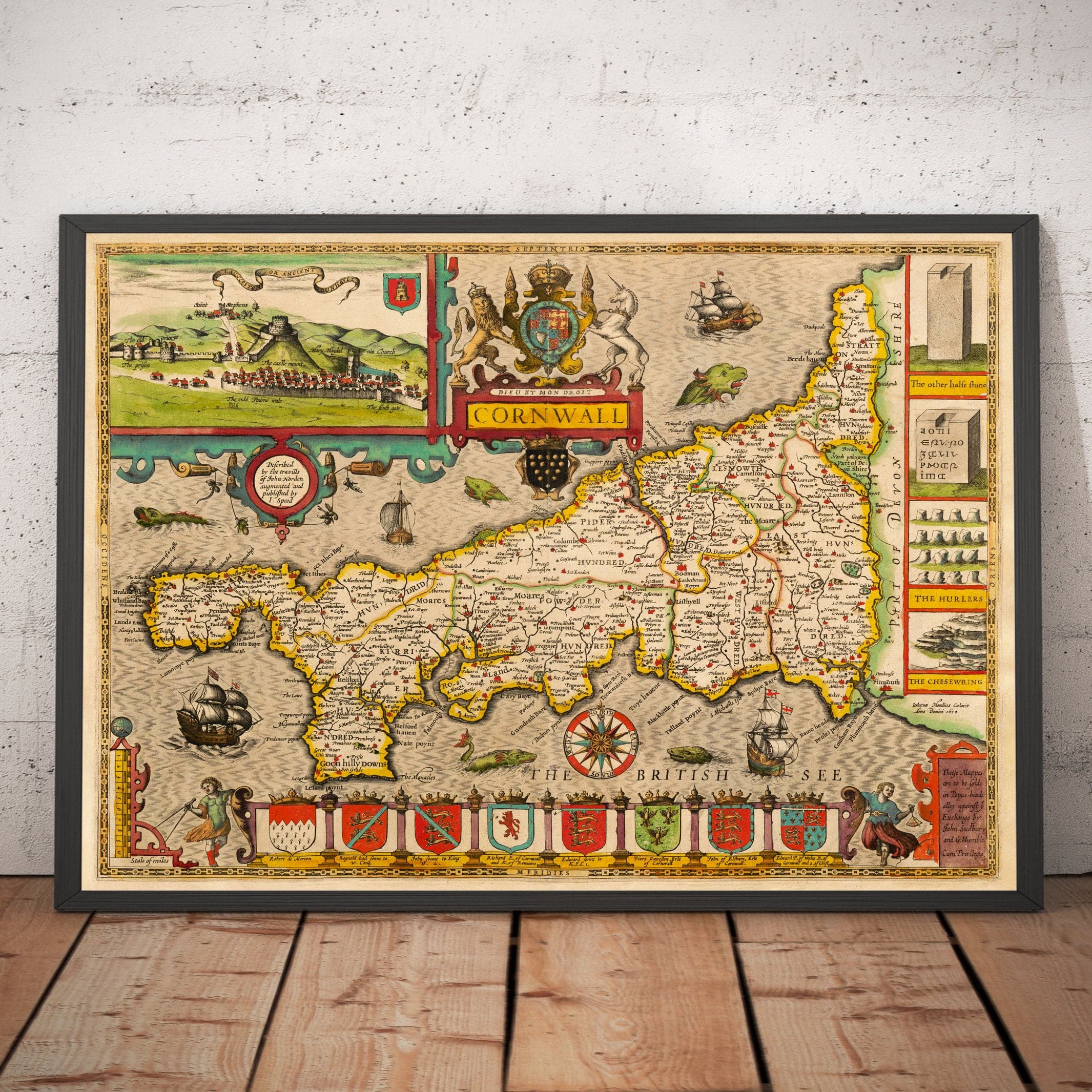 Old Map of Cornwall in 1611 by John Speed - Falmouth, Redruth, St Aust ...