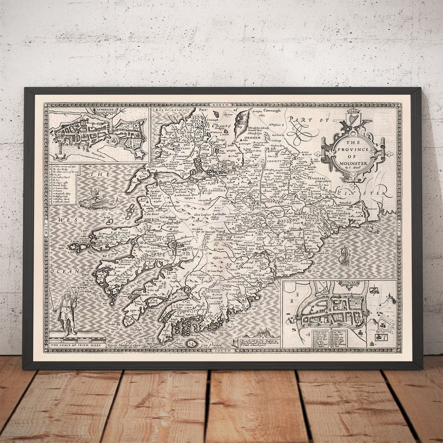 Old Monochrome Map of Munster, Ireland in 1611 by John Speed - County ...