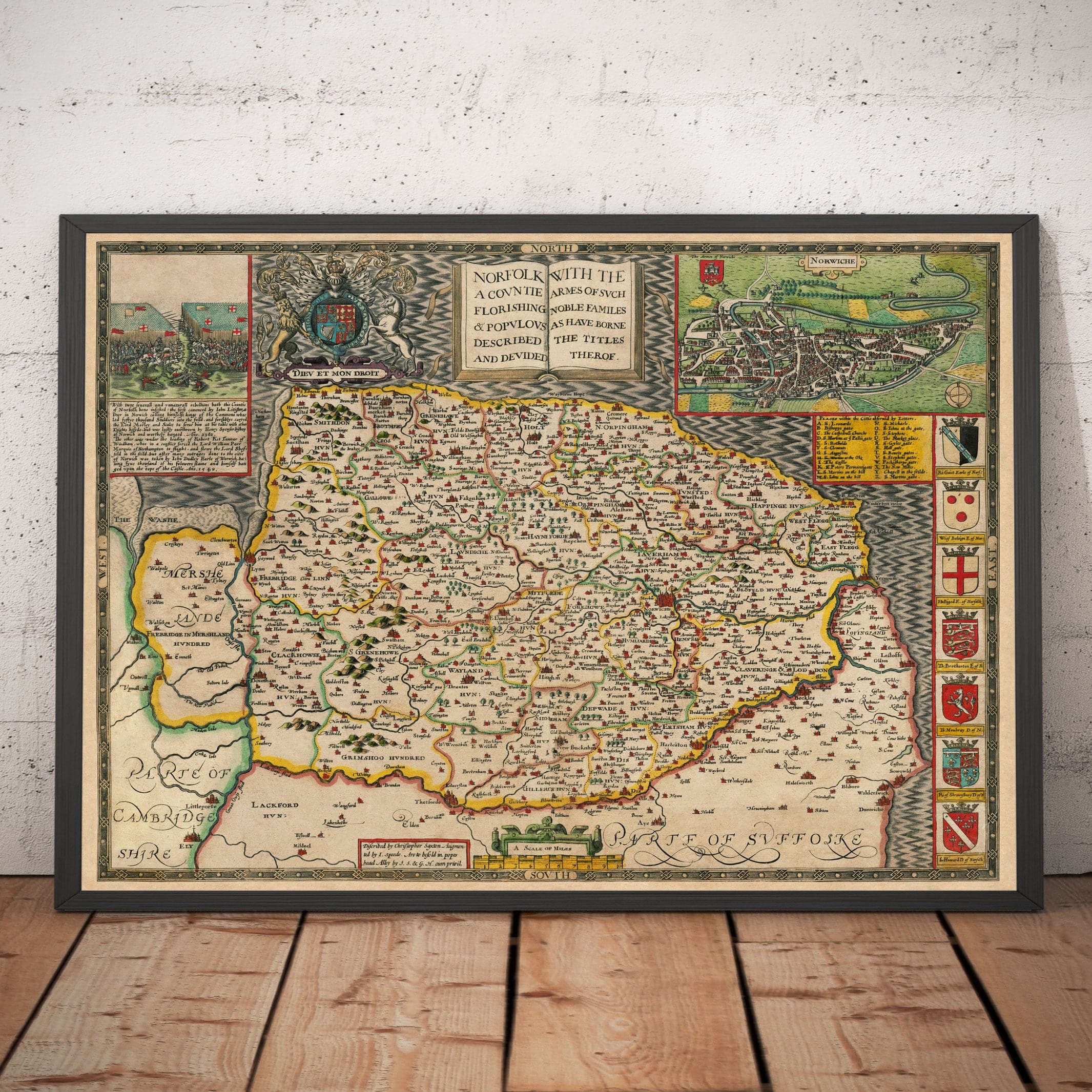 Old Map of Norfolk, 1611 by John Speed - Norwich, Great Yarmouth, King ...