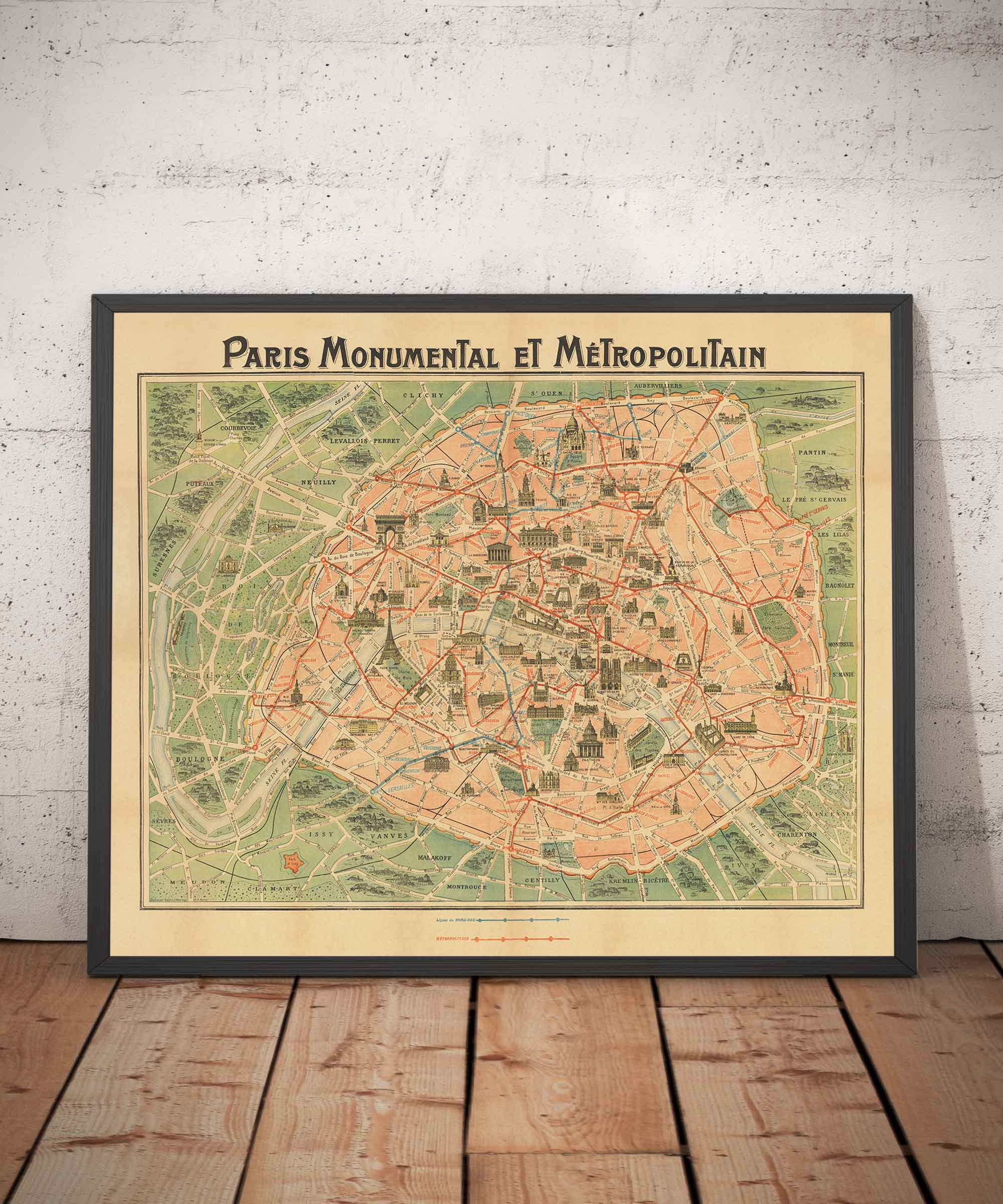 Old Map of Paris Métro & Landmarks, 1920 by Robelin - Eiffel Tower, Lo ...