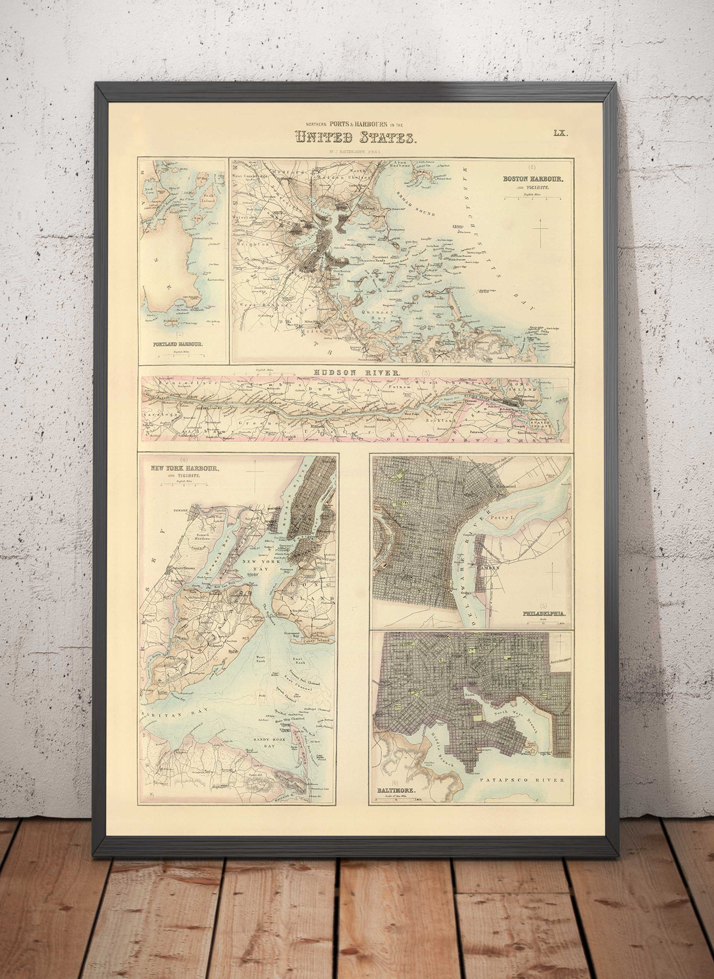 Old Map of the Ports & Harbours of Northern USA, 1872 by Fullarton - H ...