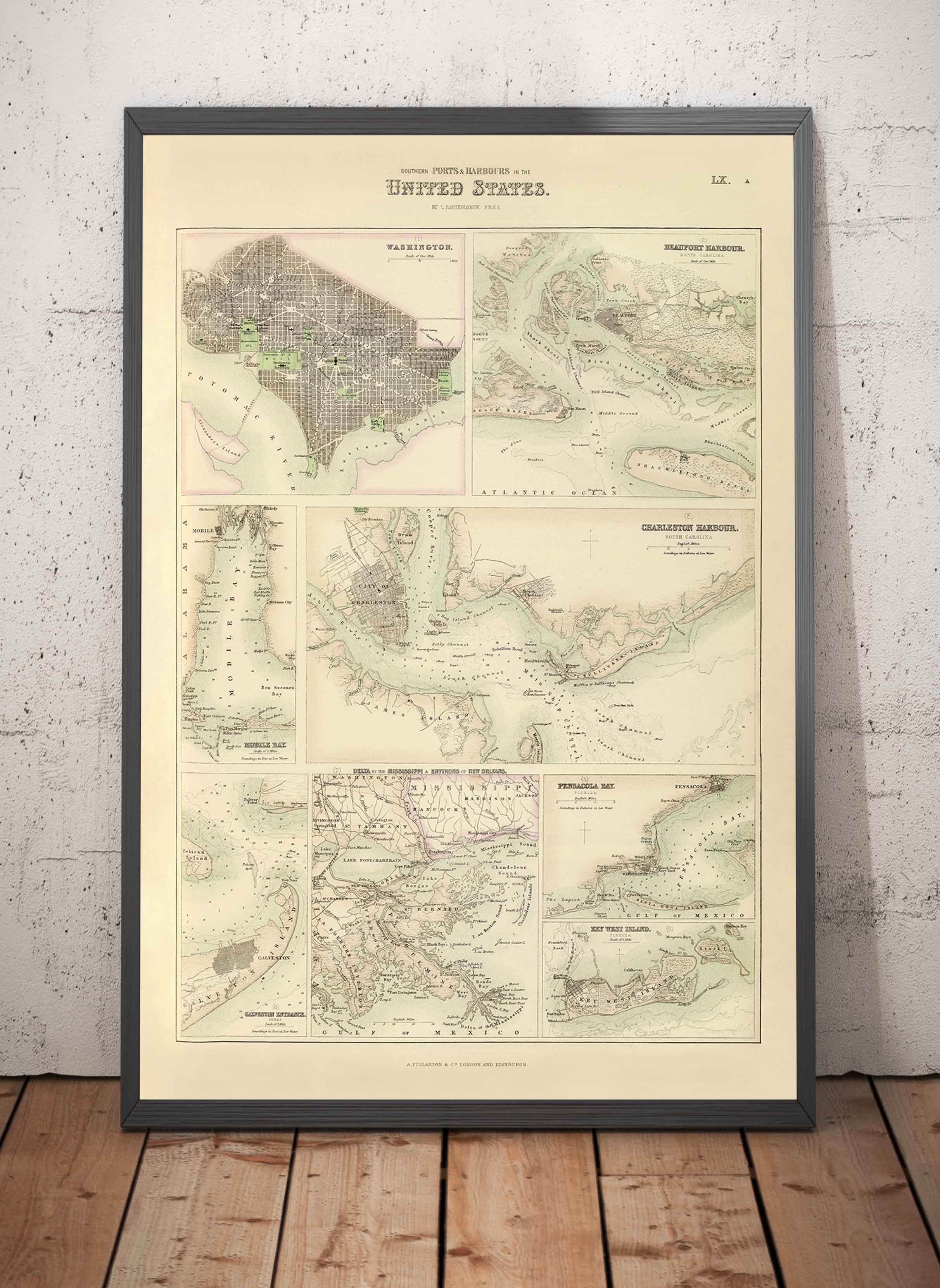 Old Map of the Ports & Harbours in Southern USA, 1872 by Fullarton - P ...