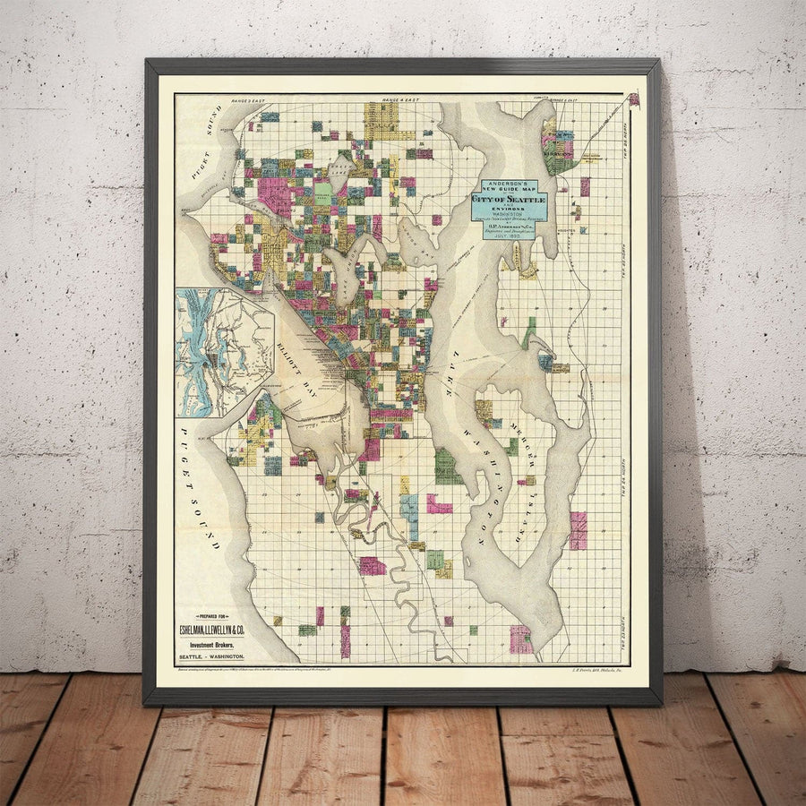 Rare Old Map of Seattle, Washington, 1890 by OP Anderson - Downtown, L ...