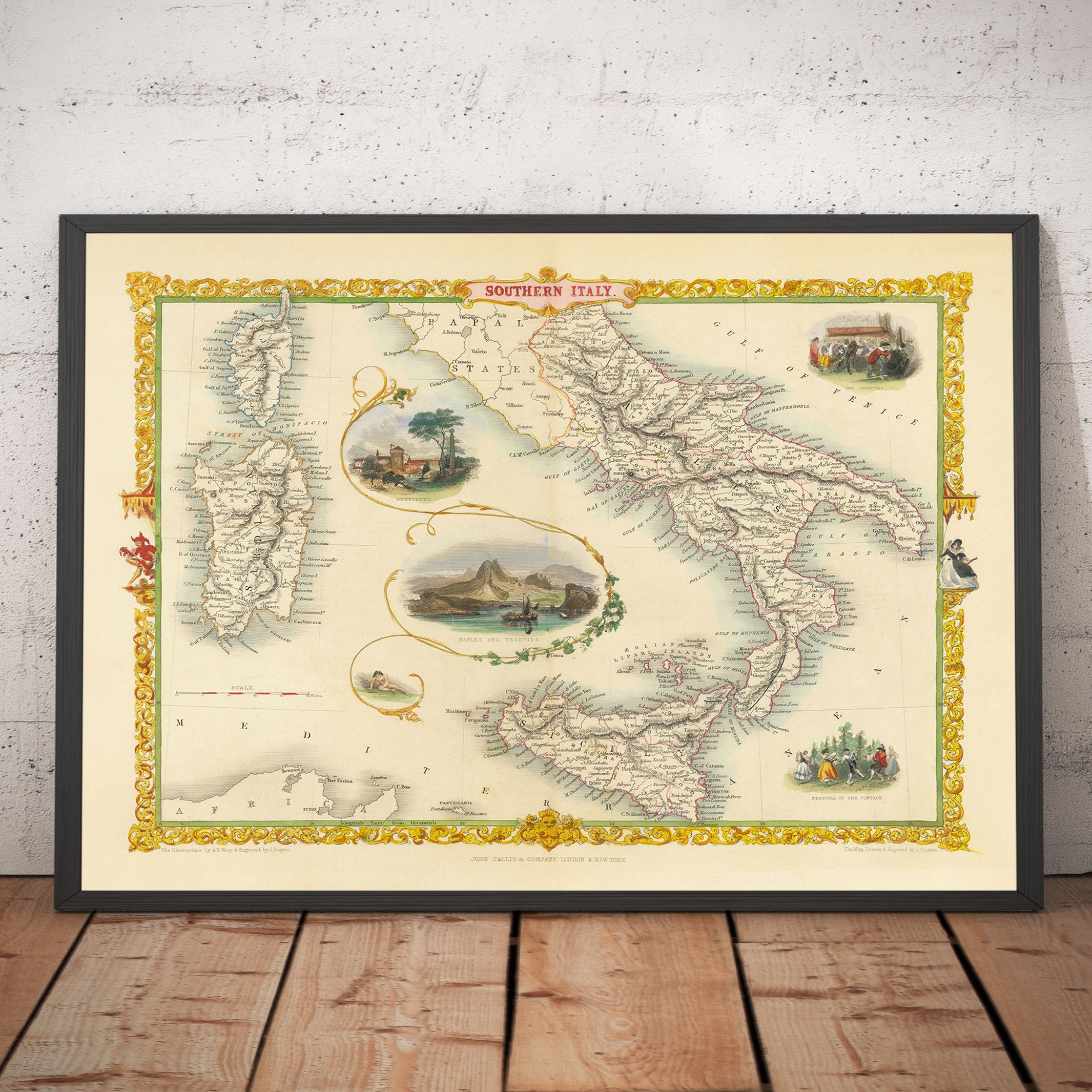 Old Map of Southern Italy in 1851 by Tallis & Rapkin - Sicily, Sardini ...