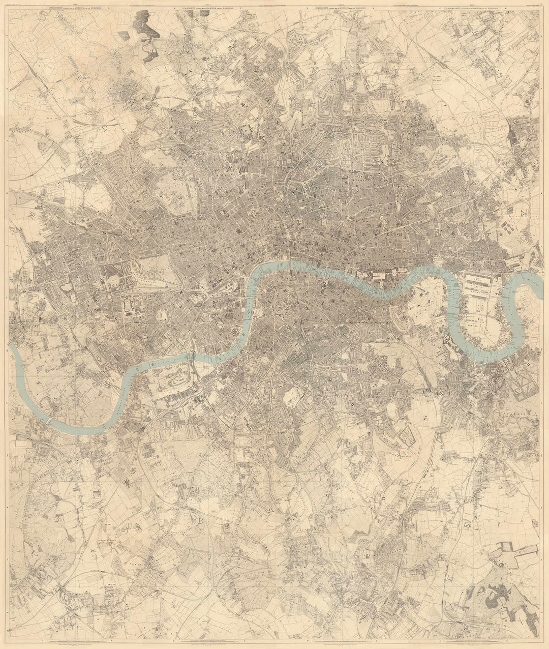 Big Old Map of London by Edward Stanford (1862, 1891) - Monochrome, Bl ...
