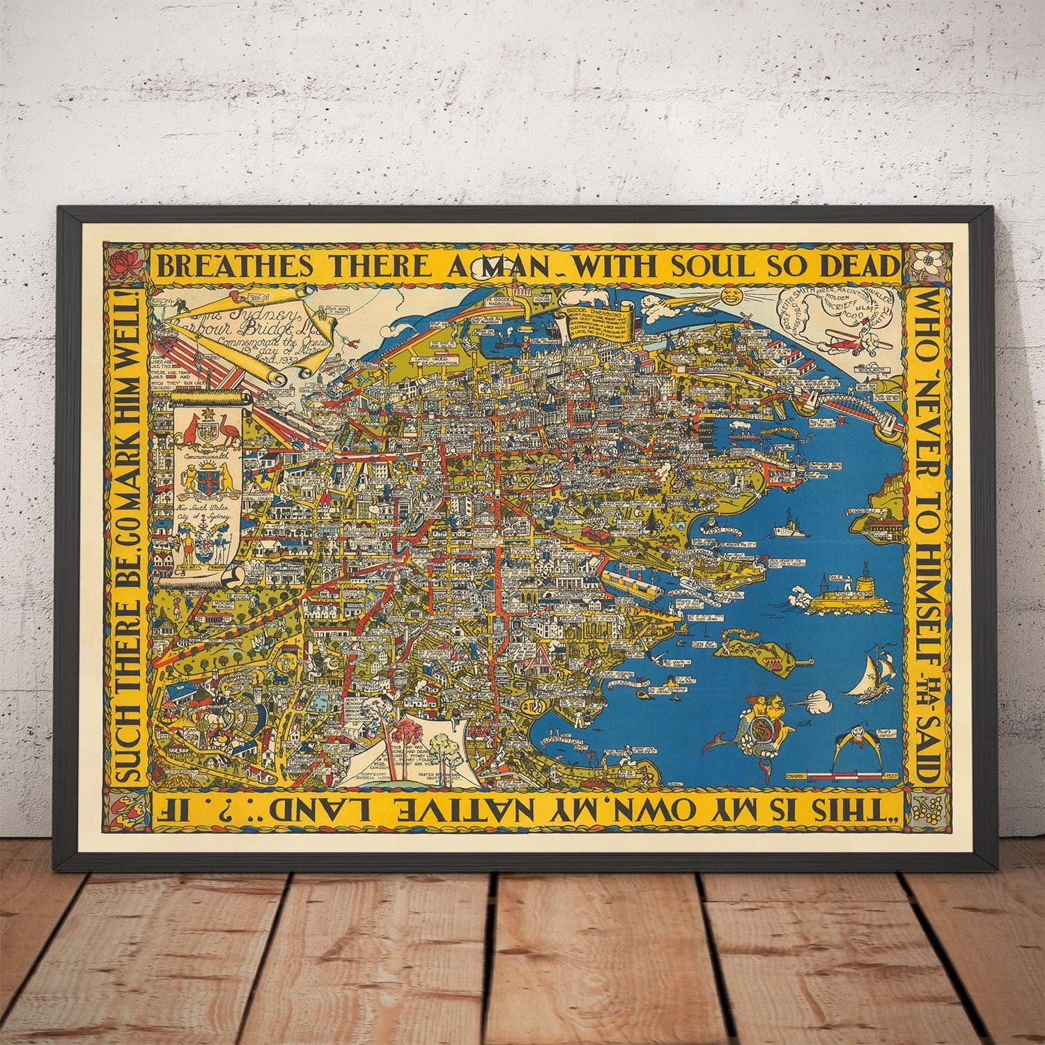 Old Pictorial Map of Sydney, 1932 by Russell Lloyd - Harbour Bridge, B ...