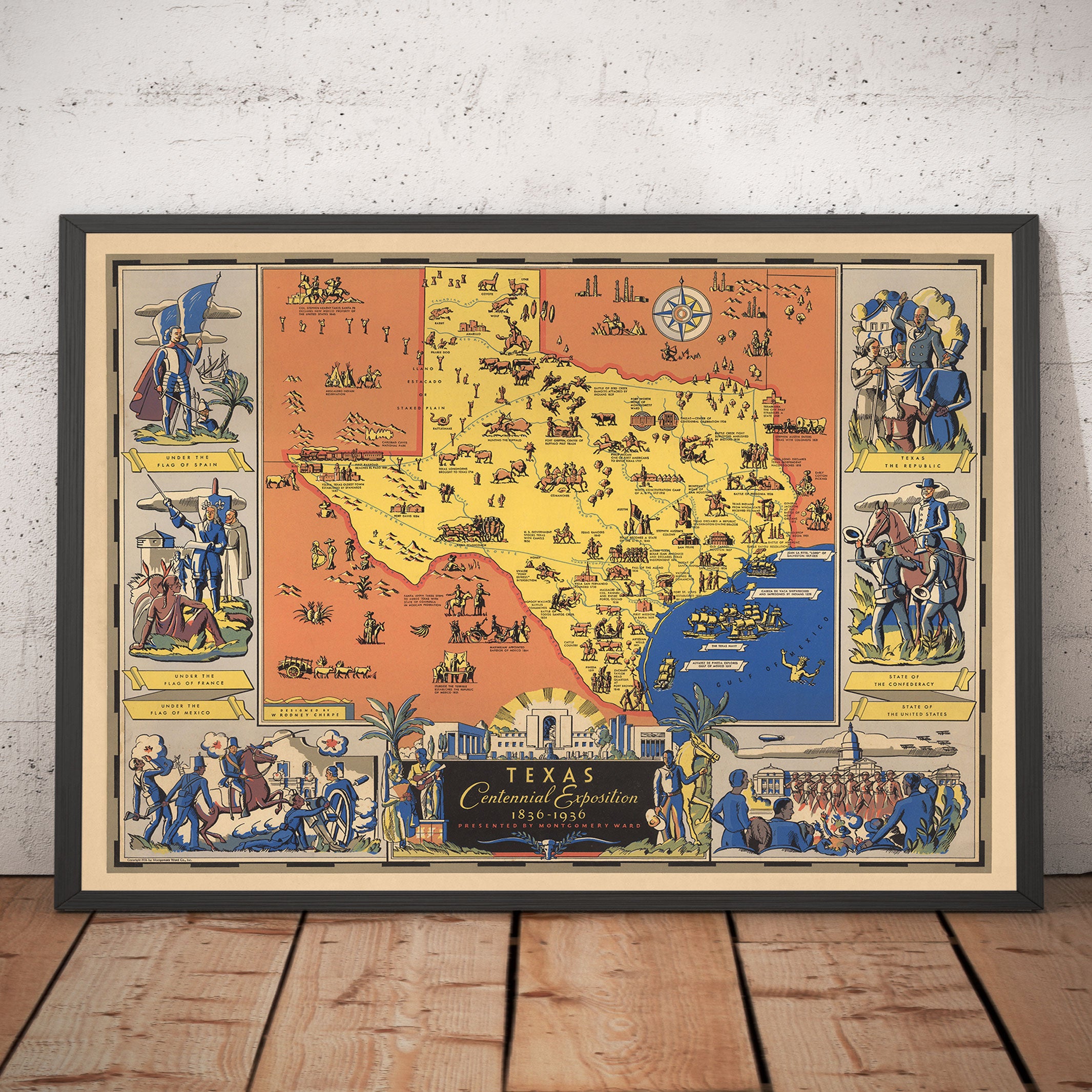 Old Pictorial Map of Texas History, 1936 - Centennial, Fall of the Ala ...