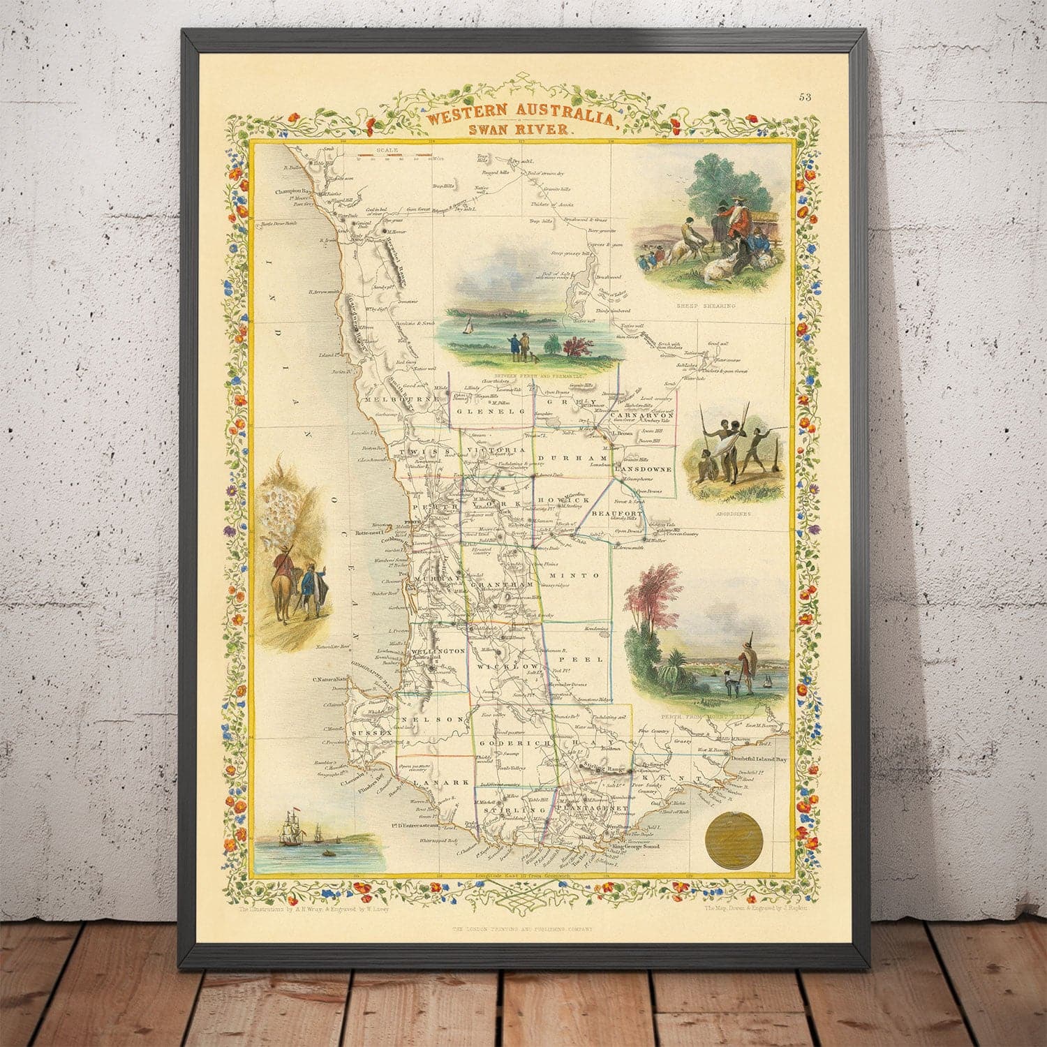 Old Map of Western Australia, 1851 by Tallis & Rapkin - Swan River Bri ...