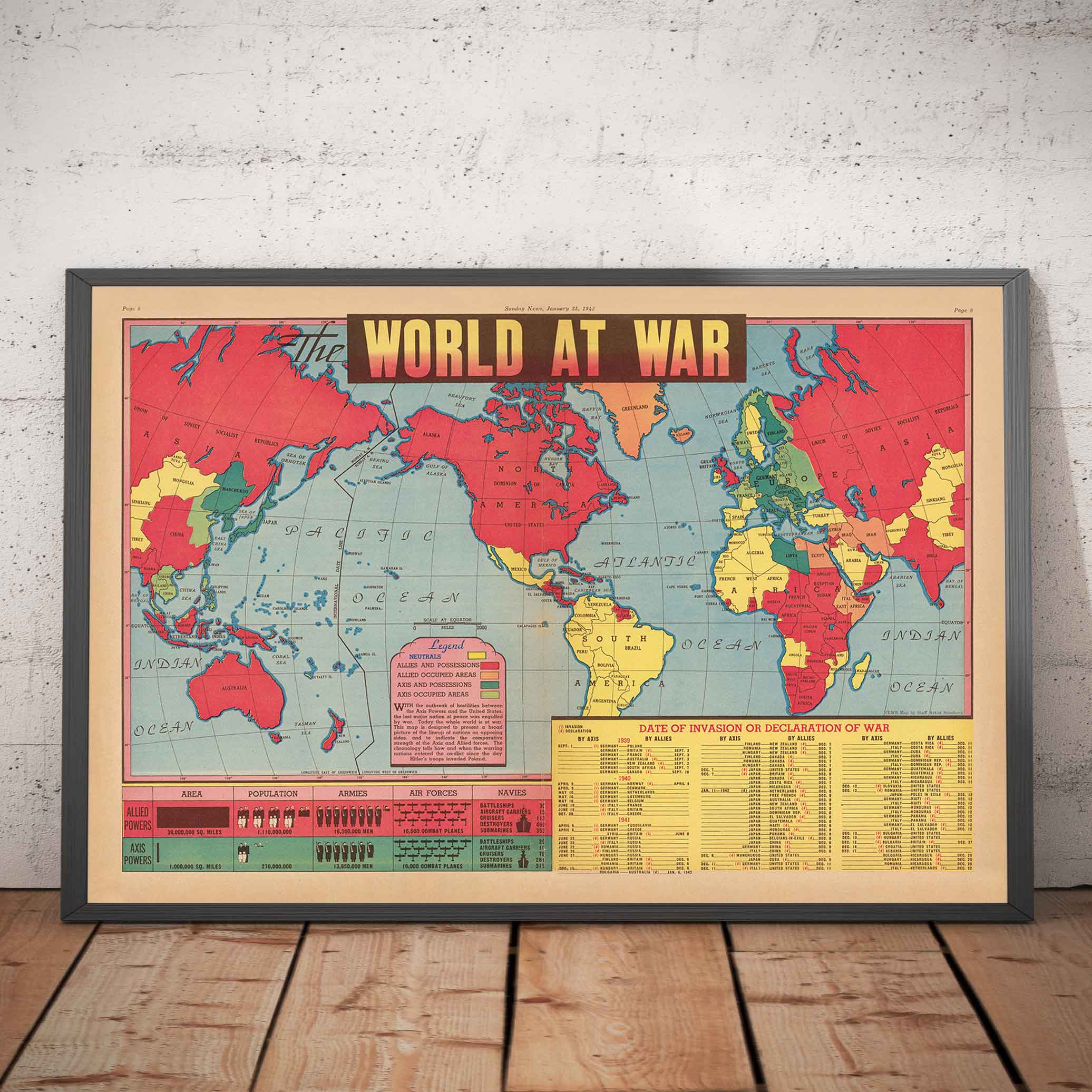 Old World War 2 Map, 1942 - "World at War" by Edwin Sundberg - USA Ent ...